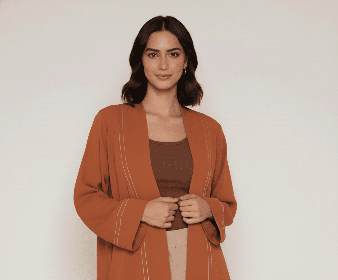 The Amirah Burnt Orange Line-Detail Open Abaya – TAL by The Abaya Lab
